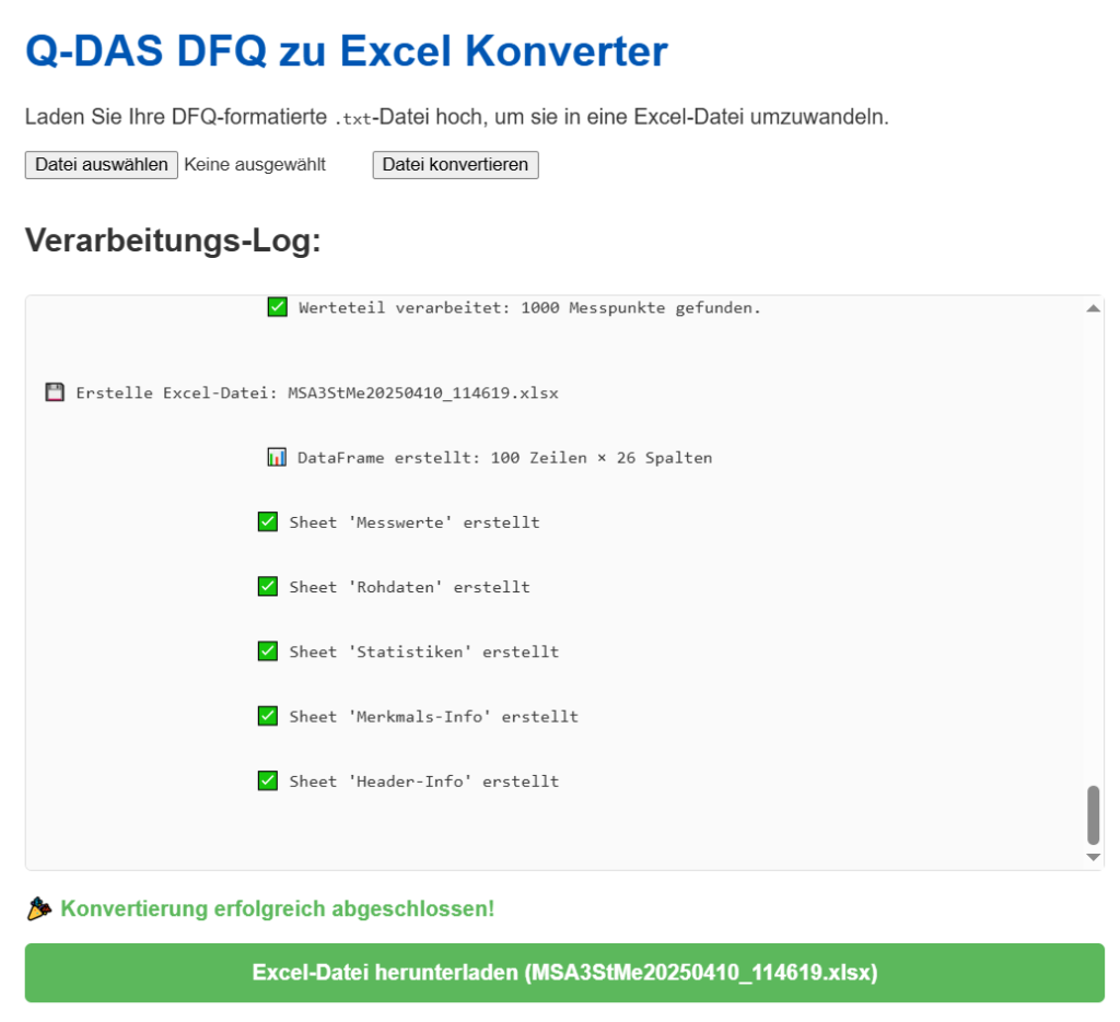 Q-DAS dfq Datei lesen und in Excel ausgeben